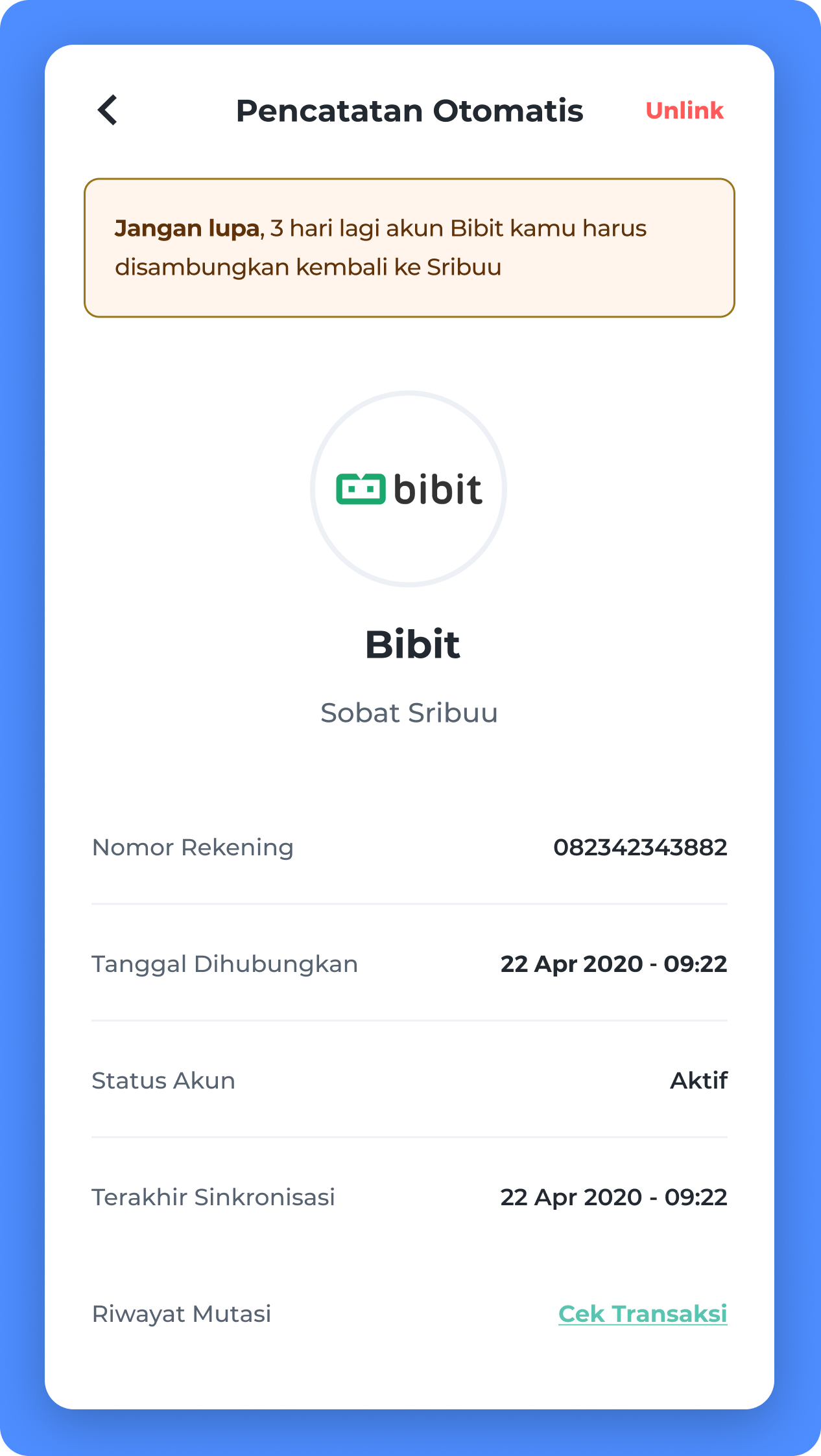 cara hubungkan akun investasi - Sribuu | Aplikasi Catat Keuangan